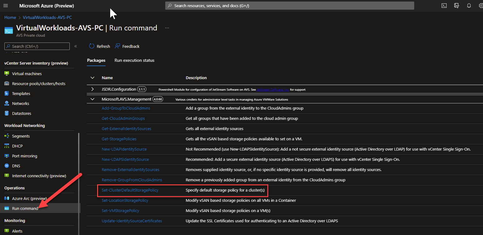 Modify Default Storage Policy For Azure Vmware Solution Private Cloud Cluster Virtualworkloads 